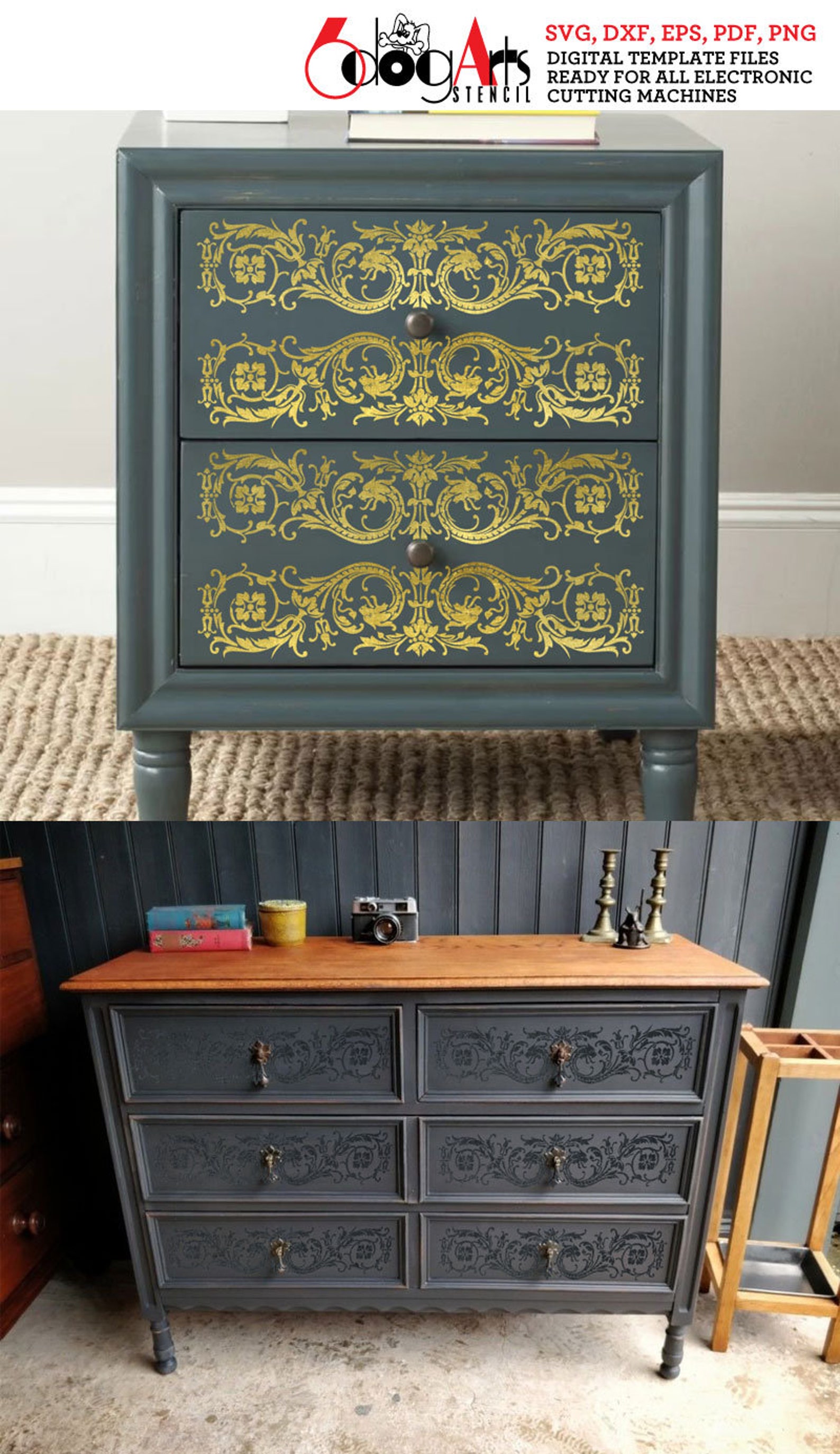 2 Baroque Stencil & 2 Decal Digital Templates SVG DXF Files Vinyl Mylar ...