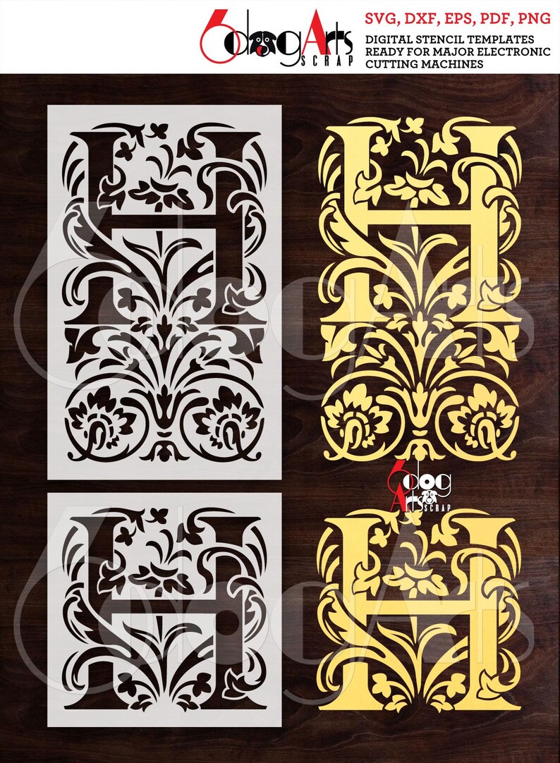 2 Monogram Alphabet Letter H Stencil and Decal Diy Templates SVG DXF ...