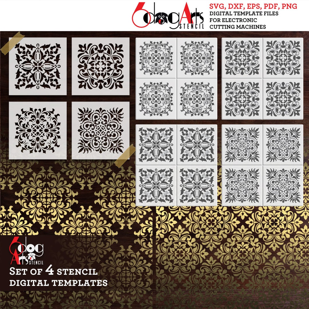 4 Tile Digital Stencil Template Designs - SVG DXF Vector Files Diy ...