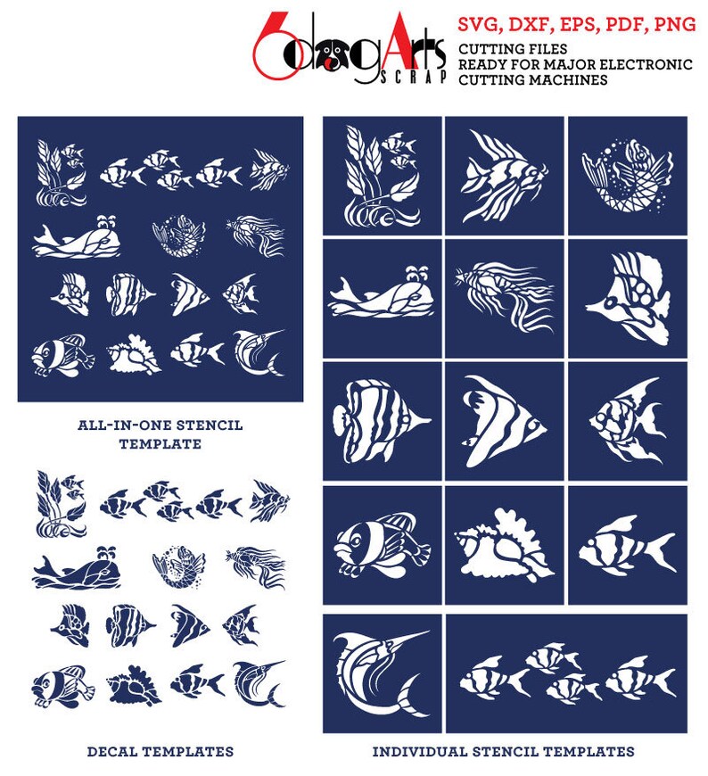 14 Fish Digital Stencil and 14 Decal Templates SVG DXF Cut - Etsy