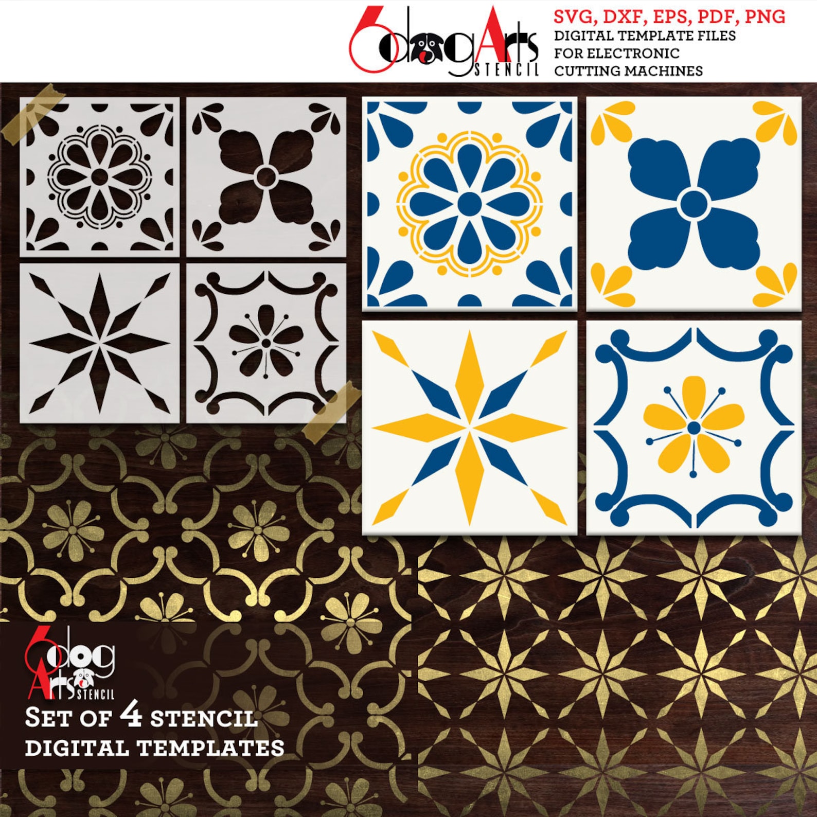 4 Mexican Talavera Tile Digital Stencil Templates SVG DXF Files Laser ...