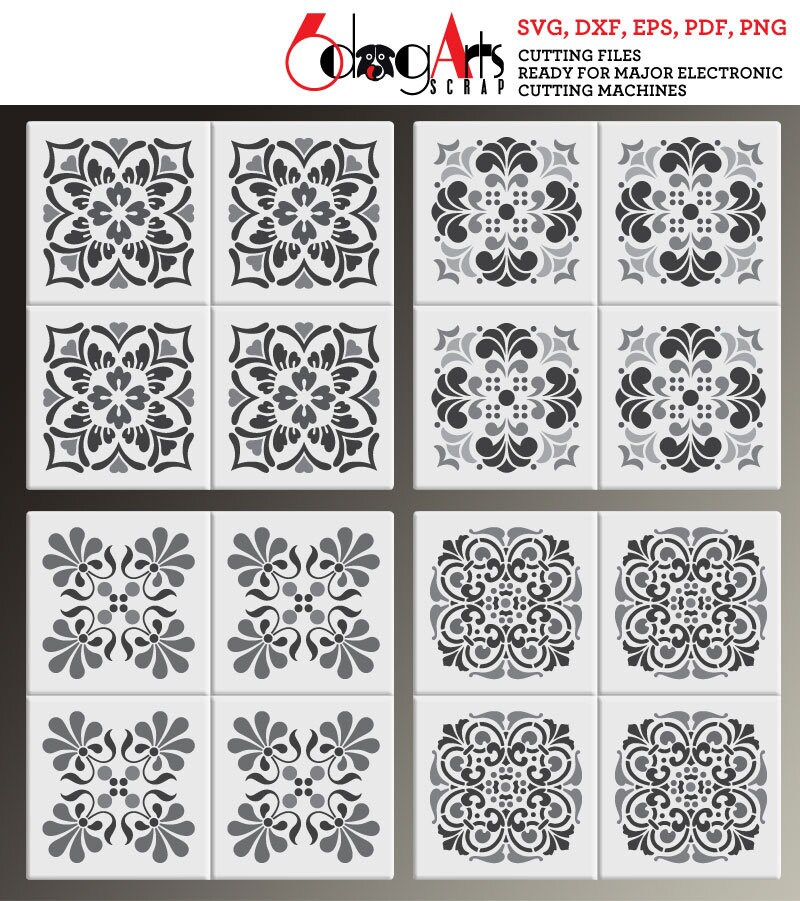 4 Tile Digital Stencil Template Designs - SVG DXF Vector Files Diy ...