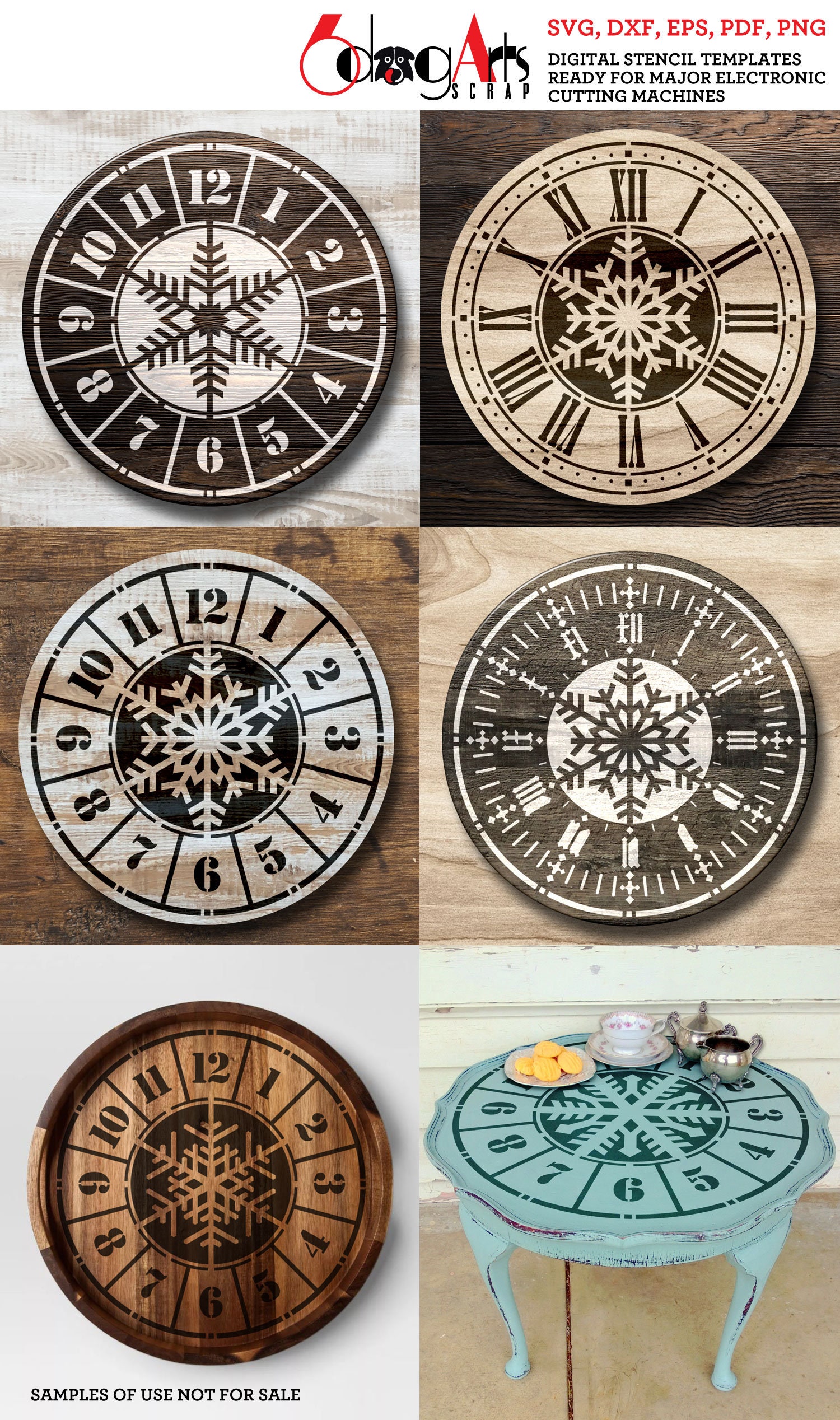 6 Snowflake Clock Face Digital Stencil Templates SVG DXF Vector Files ...