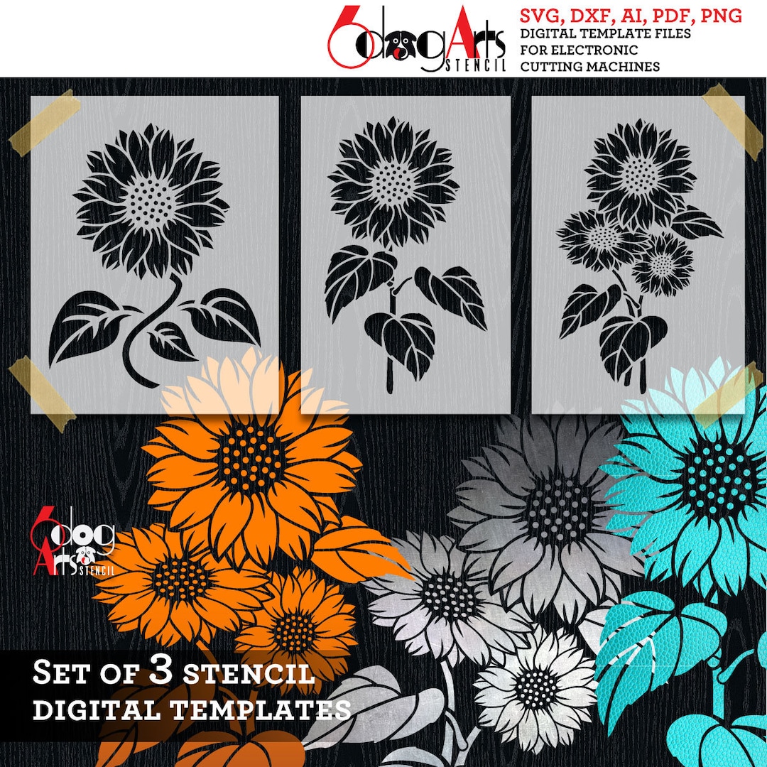 3 Sunflower Digital Stencil Templates SVG DXF Files Mylar Film Laser ...