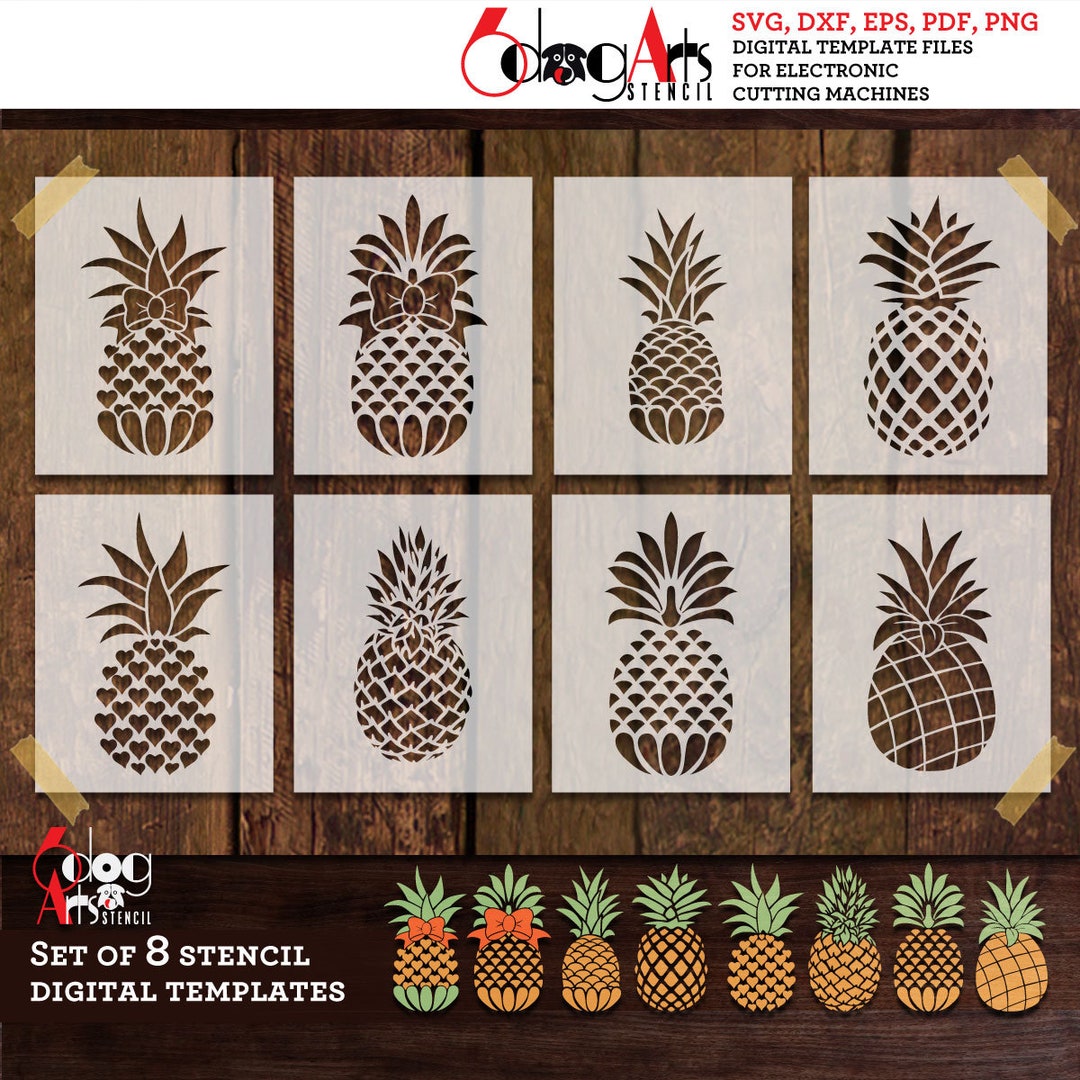 8 Pineapple Digital Stencil and Decal Templates SVG DXF Vector Files ...