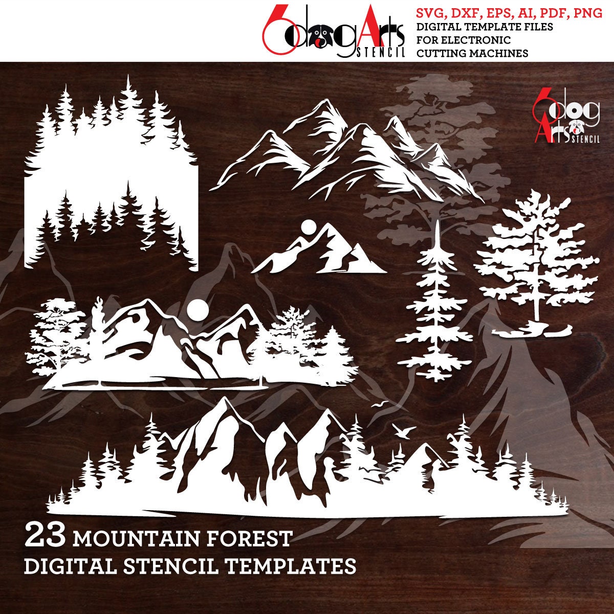 23 Mountain Forest Pine Trees Digital Stencil Templates SVG DXF Files ...