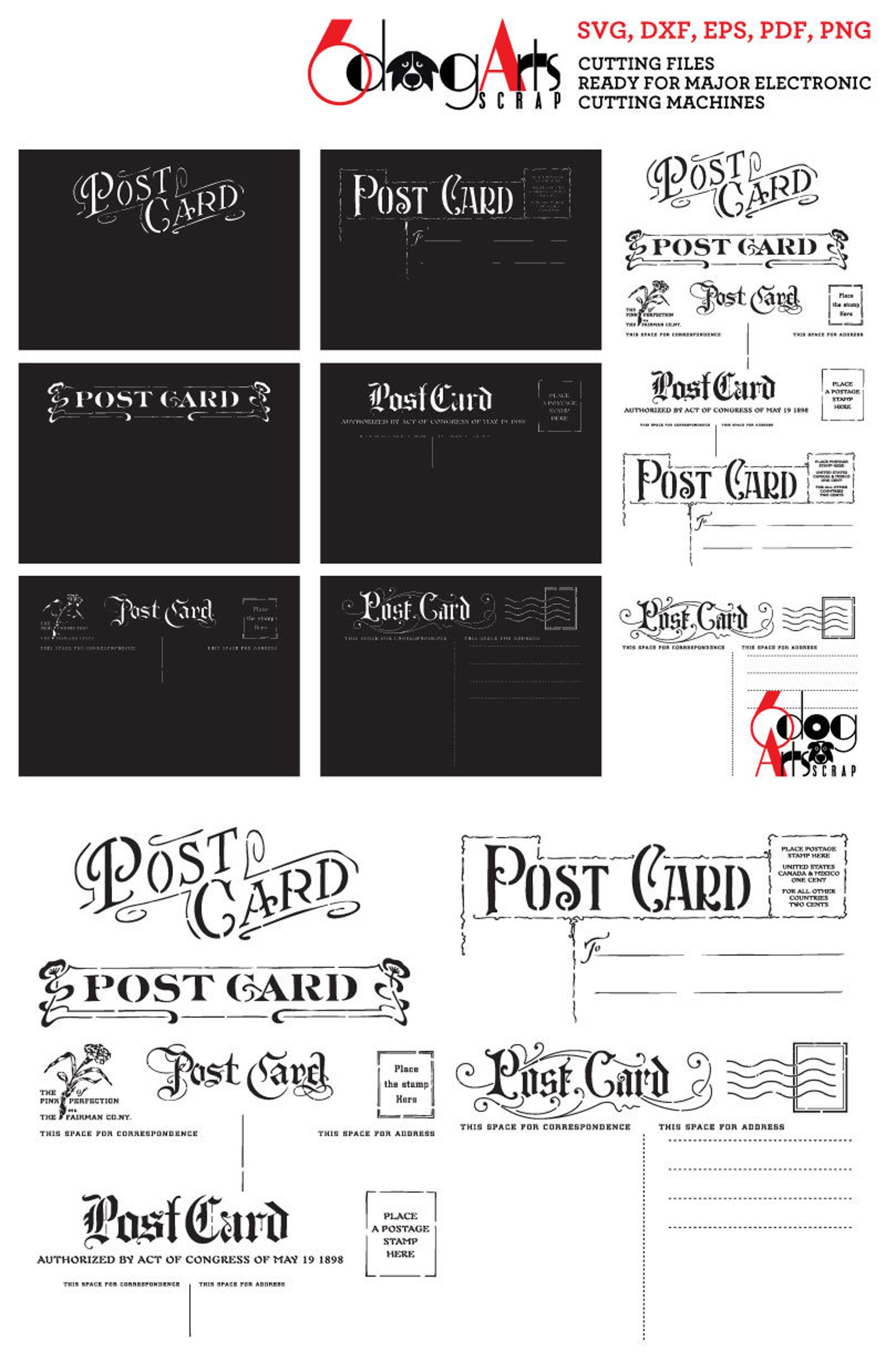 6 Vintage Post Card Digital Stencil Templates SVG DXF Vector Files Diy ...