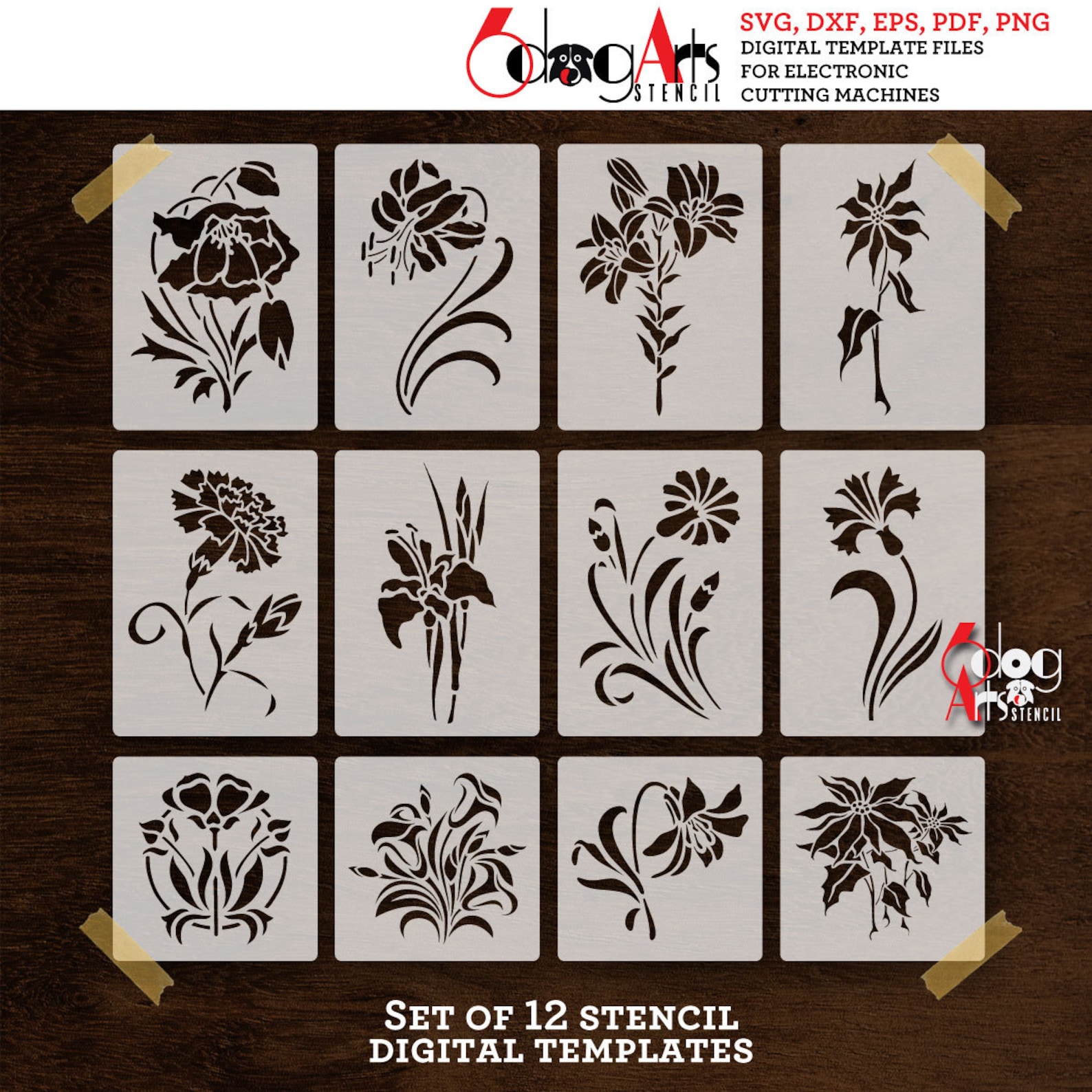 12 Digital Stencil Templates SVG DXF Files for Laser Cricut Cutting ...