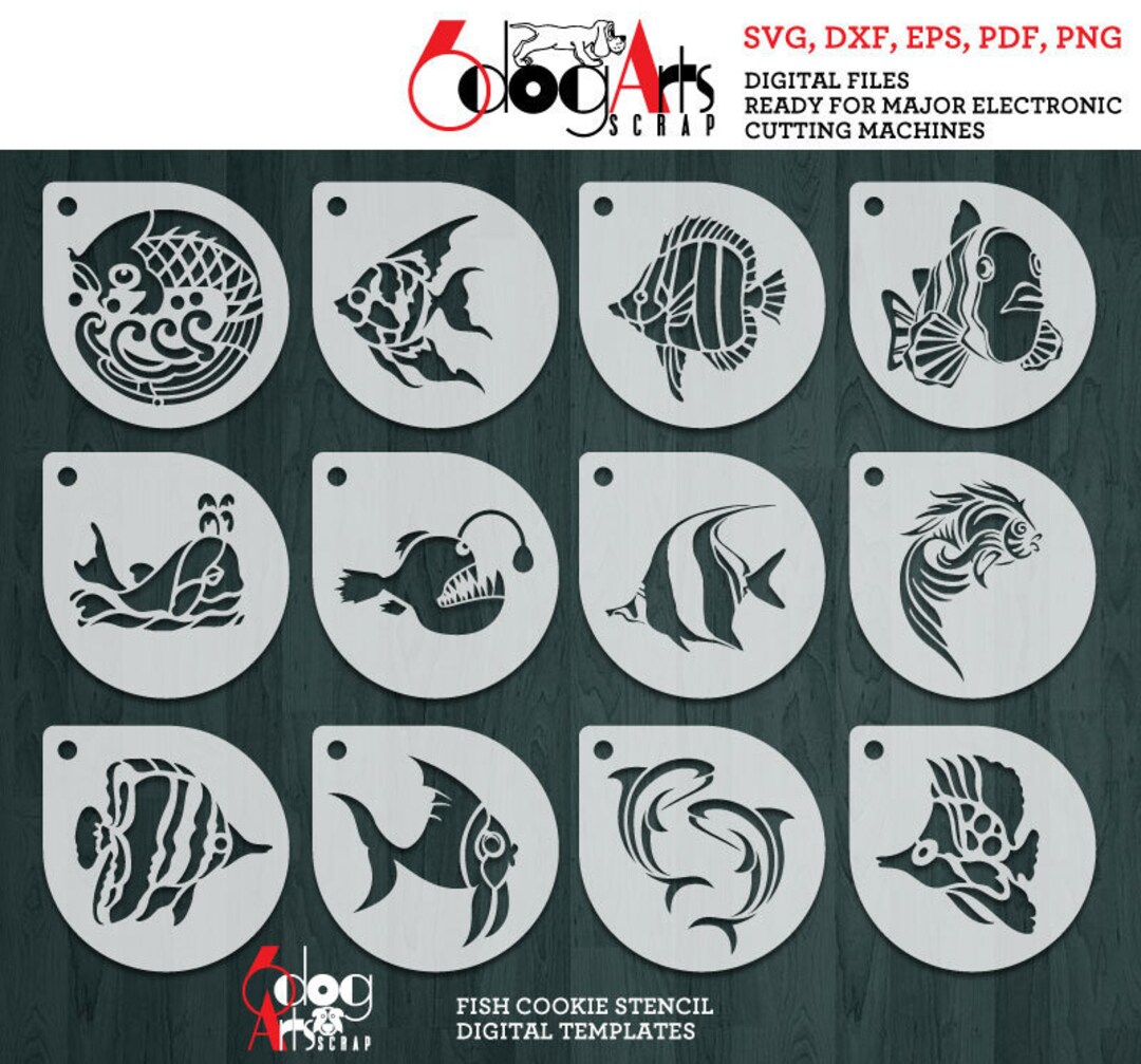 12 Fish Digital Cookie / Tile Stencil Templates SVG DXF Vector - Etsy