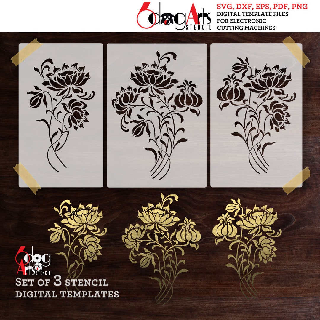 3 Floral Digital Stencil Templates SVG DXF Files Mylar Film Cutting ...