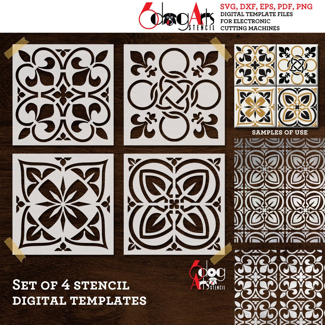 4 Digital Stencil Template Designs SVG Dxf Cut Files for Tile Wall Diy ...