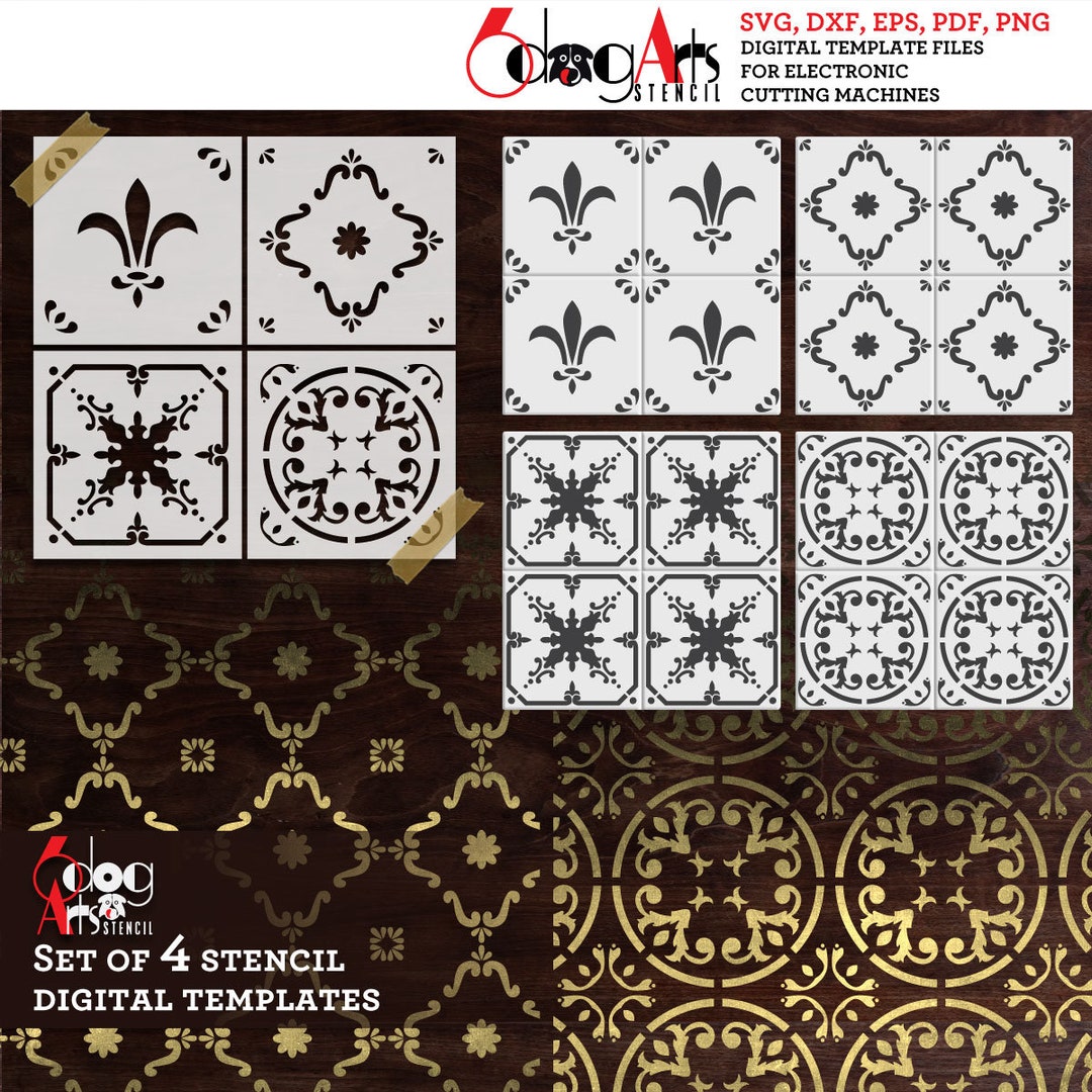 4 Heraldic Tile Digital Stencil Template Designs SVG DXF Vector Files ...