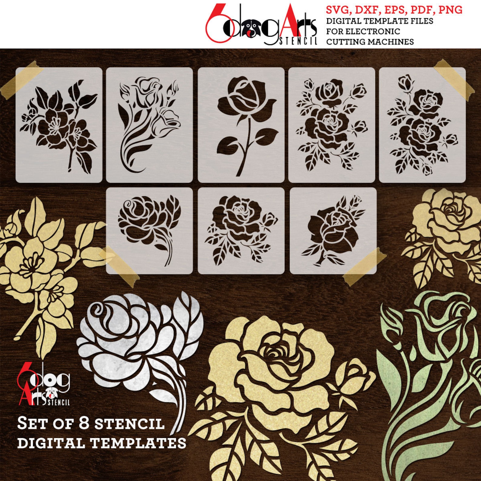8 Flower Digital Stencil Templates SVG DXF Eps Pdf Png Files Mylar Film ...