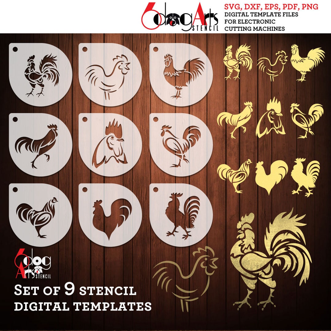 9 fichiers vectoriels DXF SVG coq Cookie numérique tuile pochoir ...