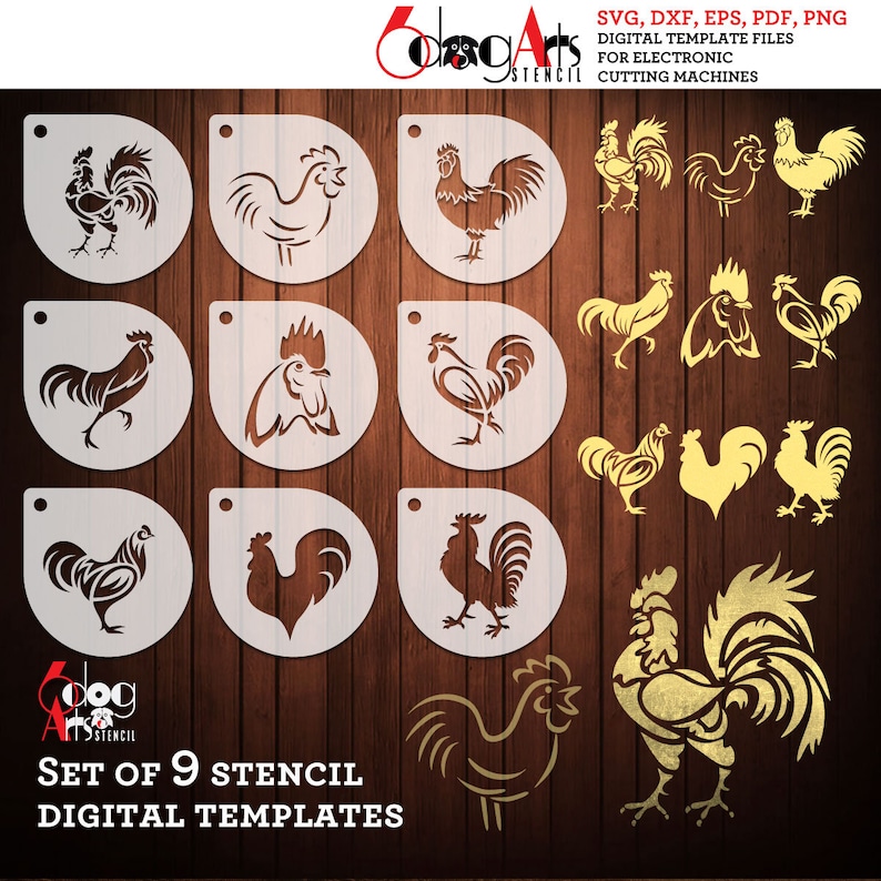 9 plantillas de galletitas digitales con diseño de gallo, archivos ...