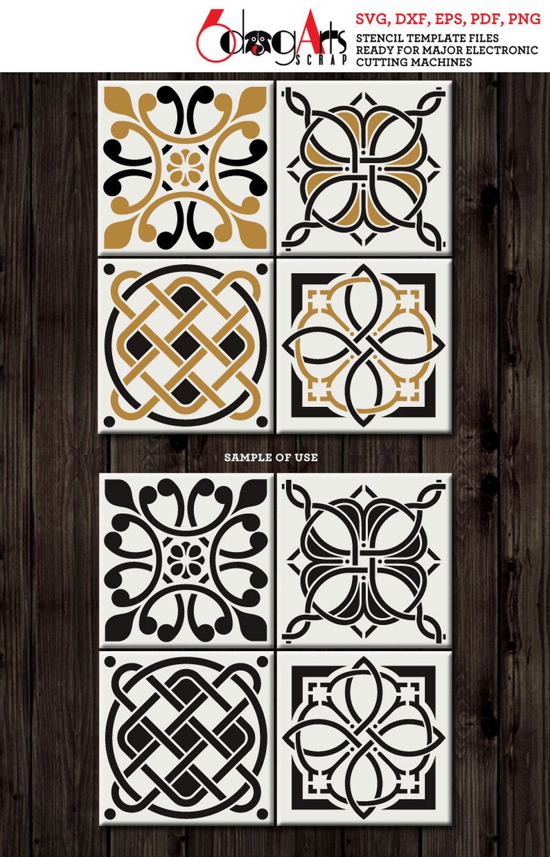 4 Digital Stencil Template Designs SVG Dxf Cut Files for Tile Wall Diy ...