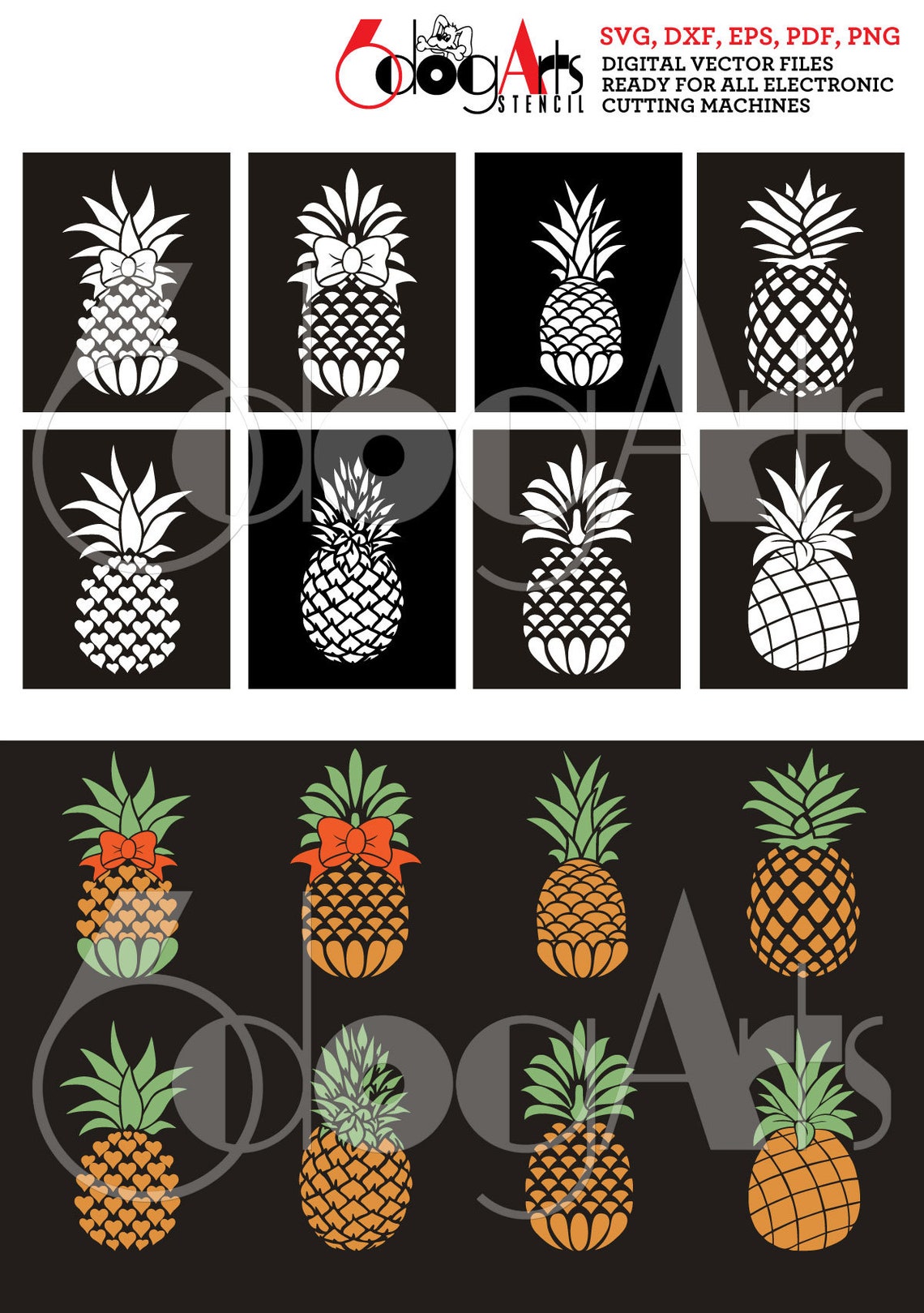 8 Pineapple Digital Stencil and Decal Templates SVG DXF Vector Files ...