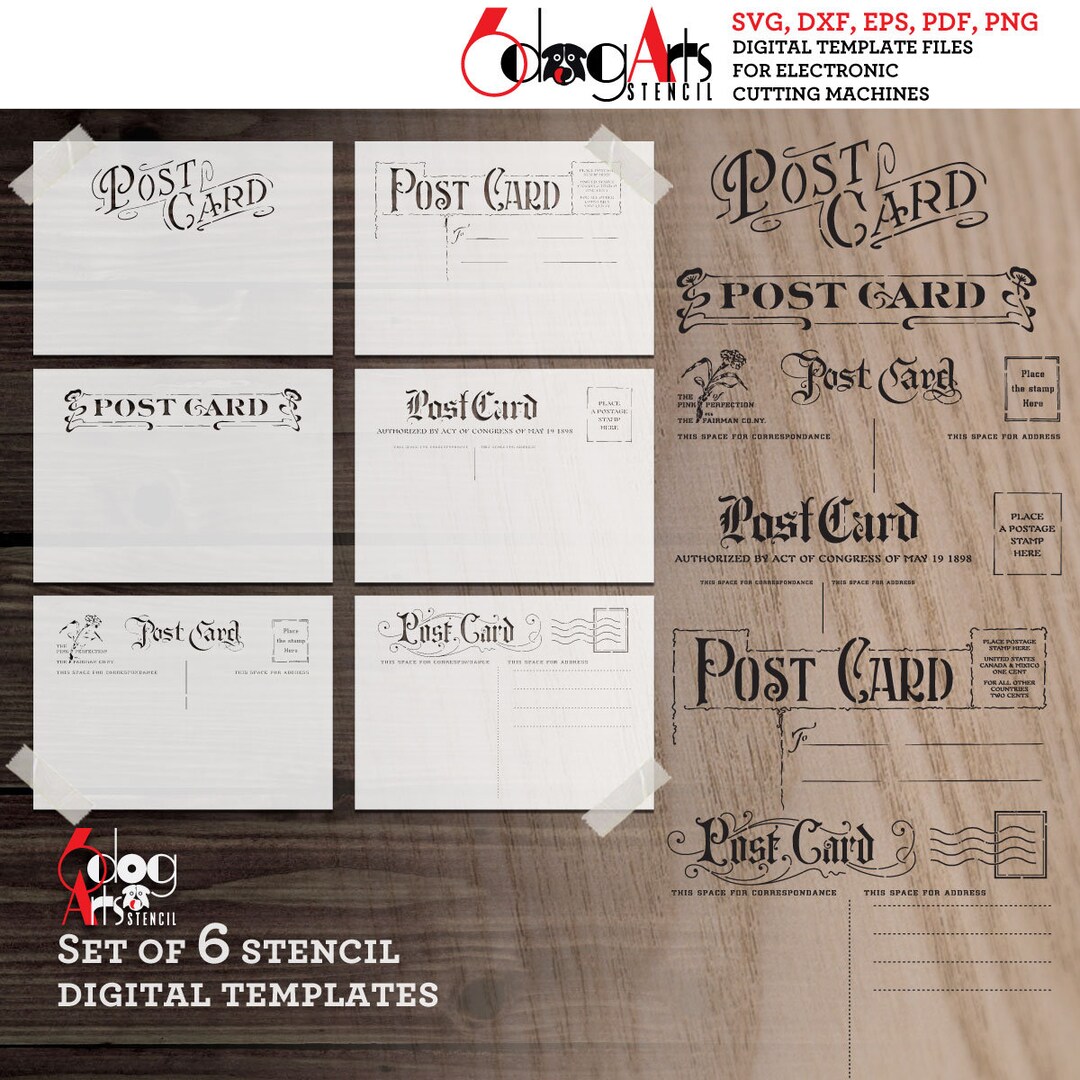 6 Vintage Post Card Digital Stencil Templates SVG DXF Vector Files Diy ...