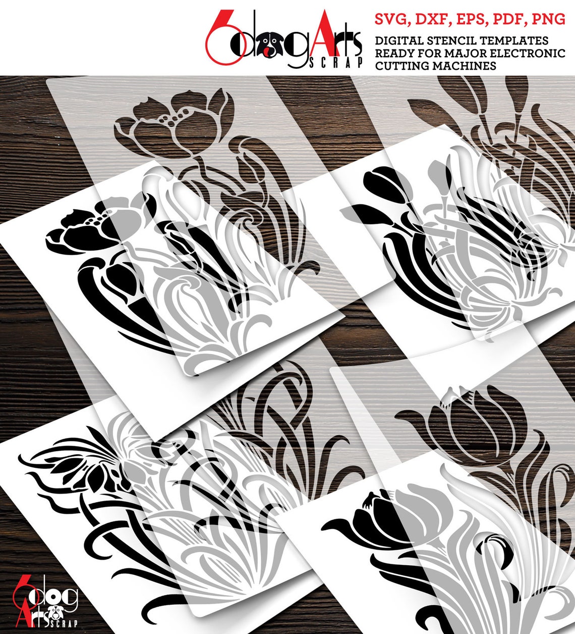 4 Vintage Floral Digital Stencil Templates SVG DXF Eps Pdf Png Files ...
