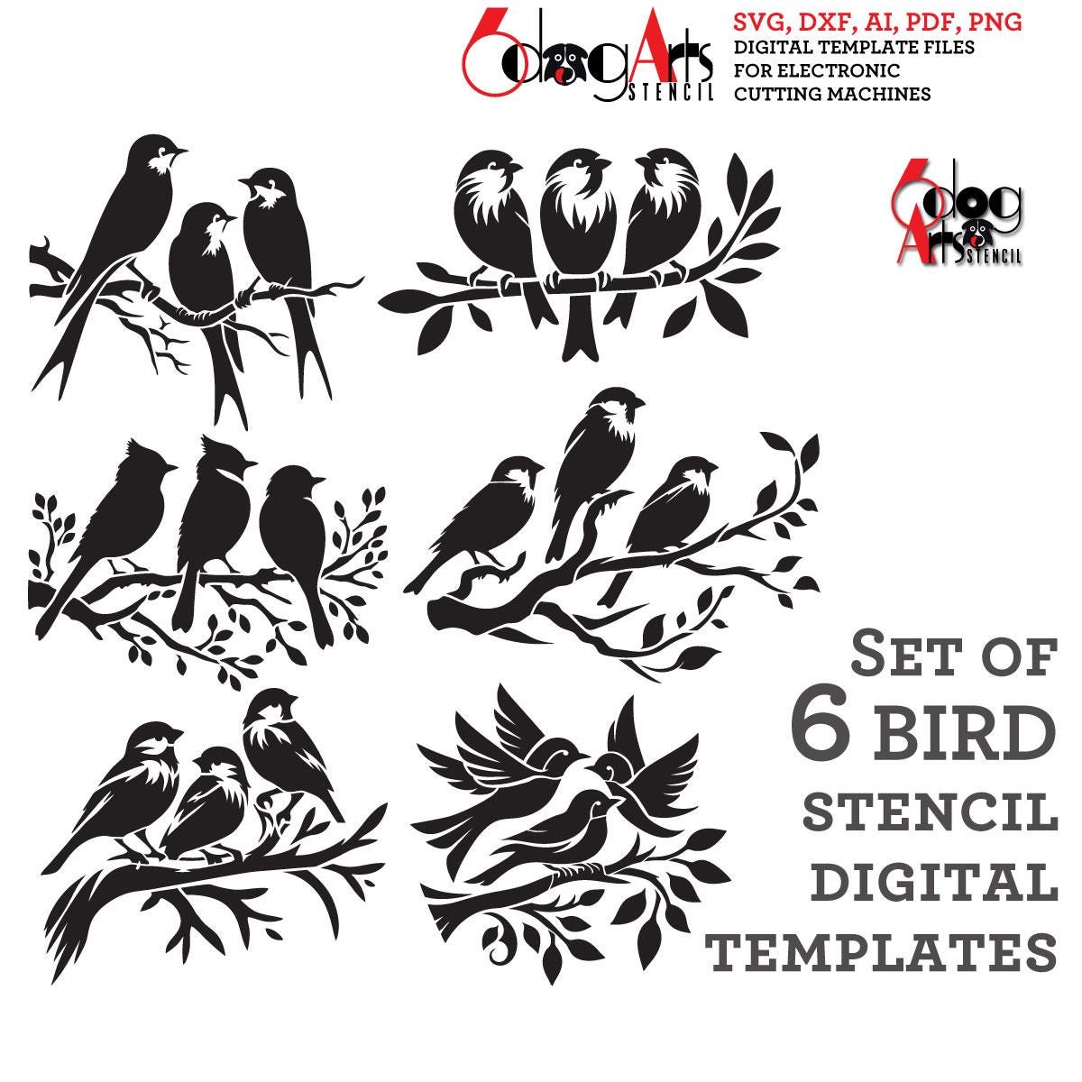 6 Bird Digital Stencil Templates SVG DXF Vector Files Mylar Polyester ...