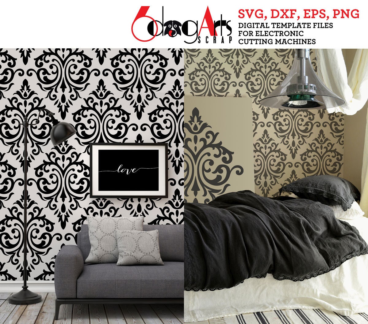 Damask Wall Digital Stencil Vector Cut Files SVG DXF Diy Template ...
