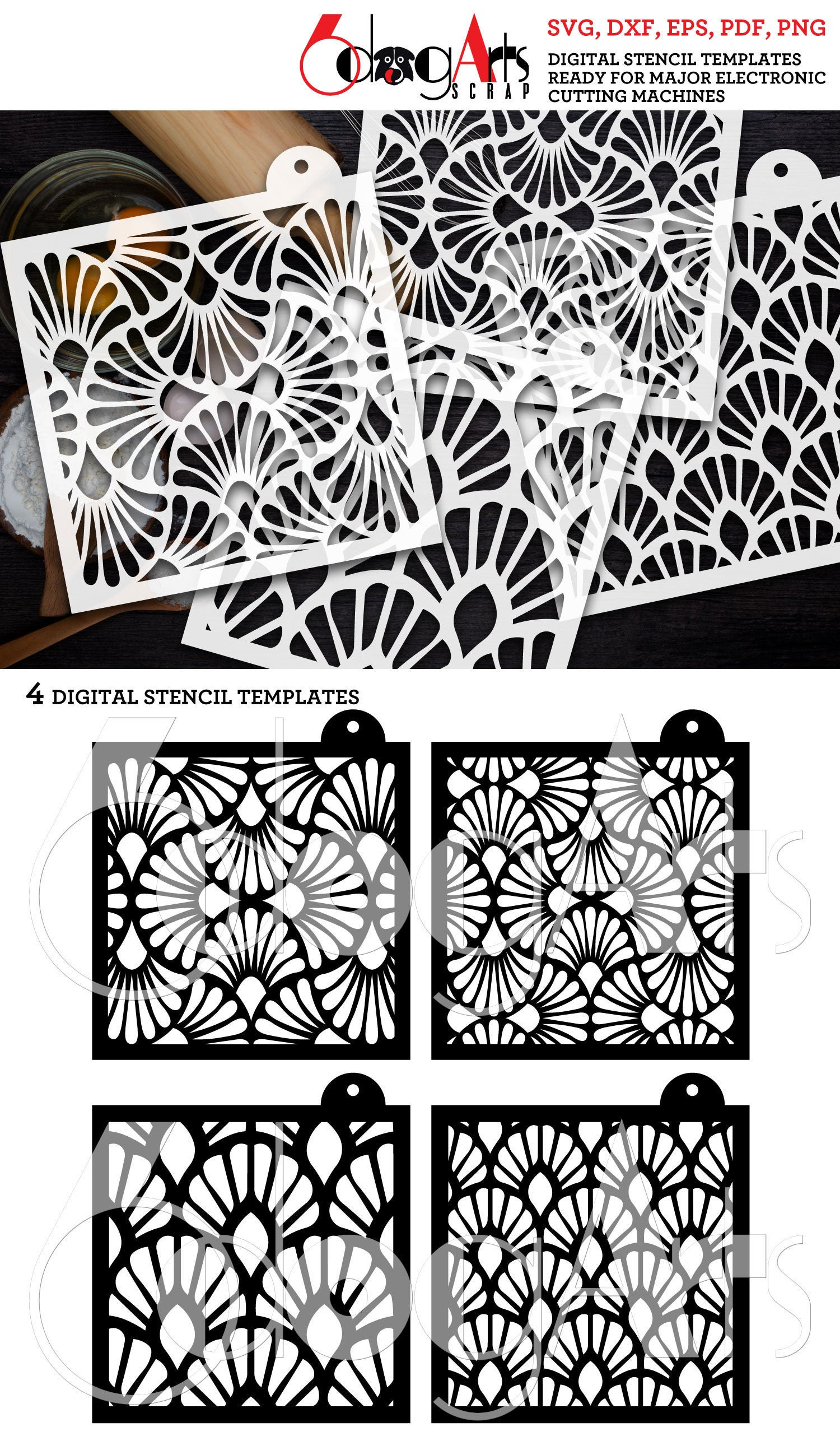 4 Floral Digital Cookie Tile Wall Stencil Templates SVG DXF | Etsy