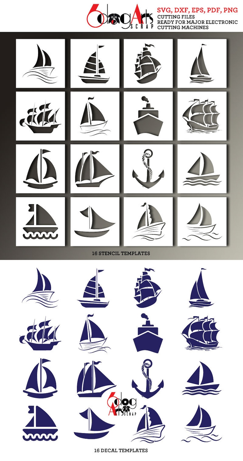 16 Sail Boat Digital Stencil and 16 Decal Templates SVG DXF Vector ...