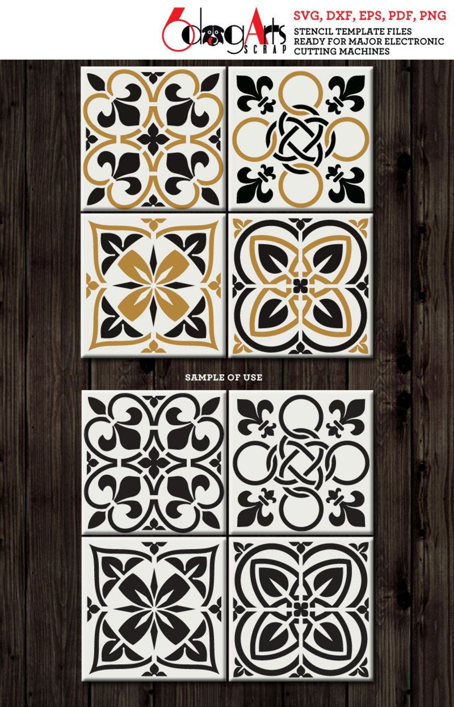 4 Digital Stencil Template Designs SVG Dxf Cut Files for Tile Wall Diy ...