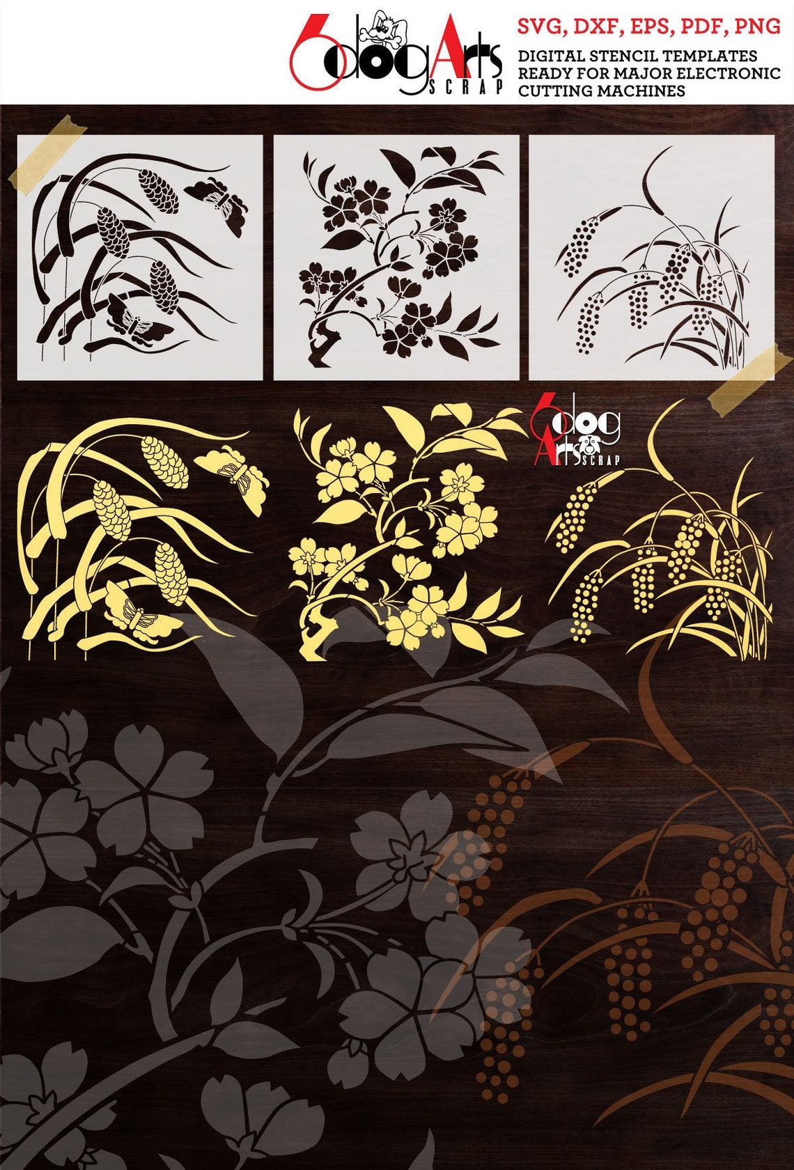 3 Japanese Flowers Digital Stencil Templates SVG DXF Vector | Etsy