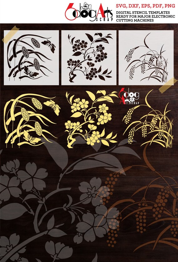 3 Japanese Flowers Digital Stencil Templates SVG DXF Vector | Etsy