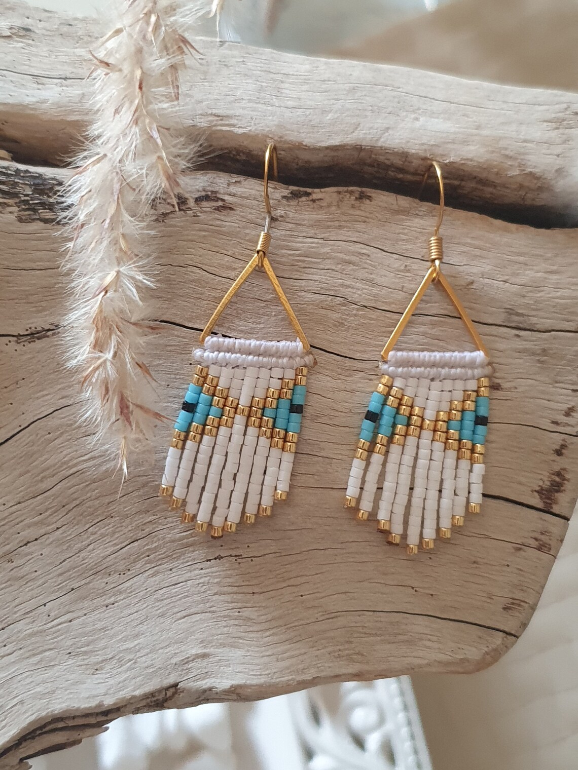 Gold Triangle Fringe Bead Earrings Handwoven with Miyuki | Etsy