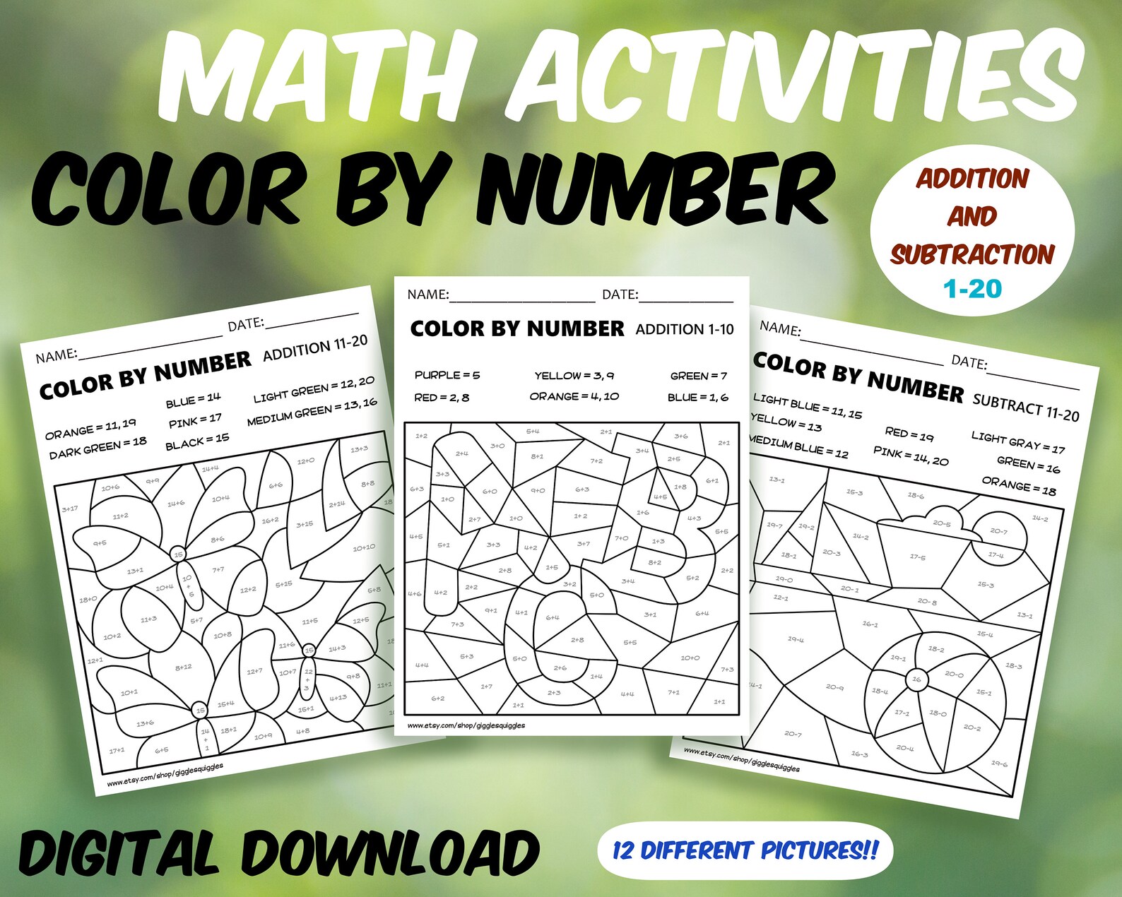 Math Activities Printable Color by Number ADDITION and - Etsy