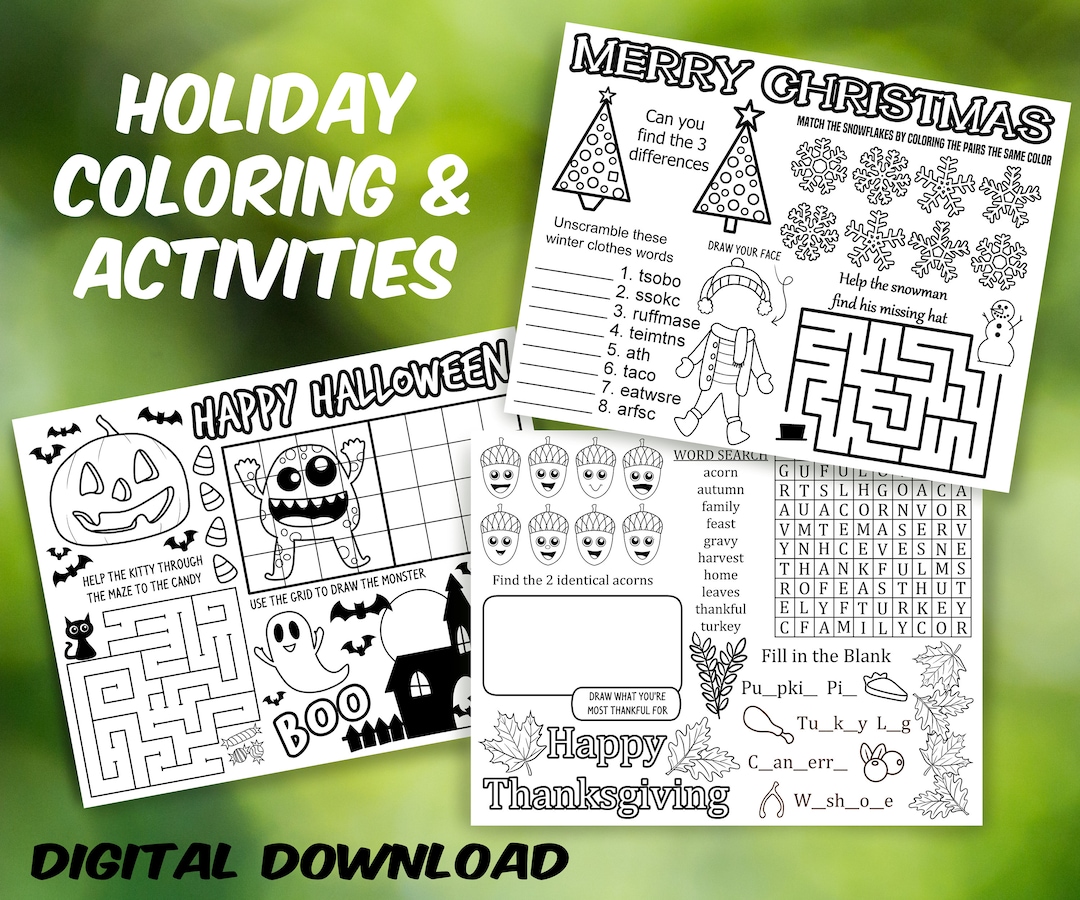 Printable Holiday Coloring and Activity Pages - Etsy