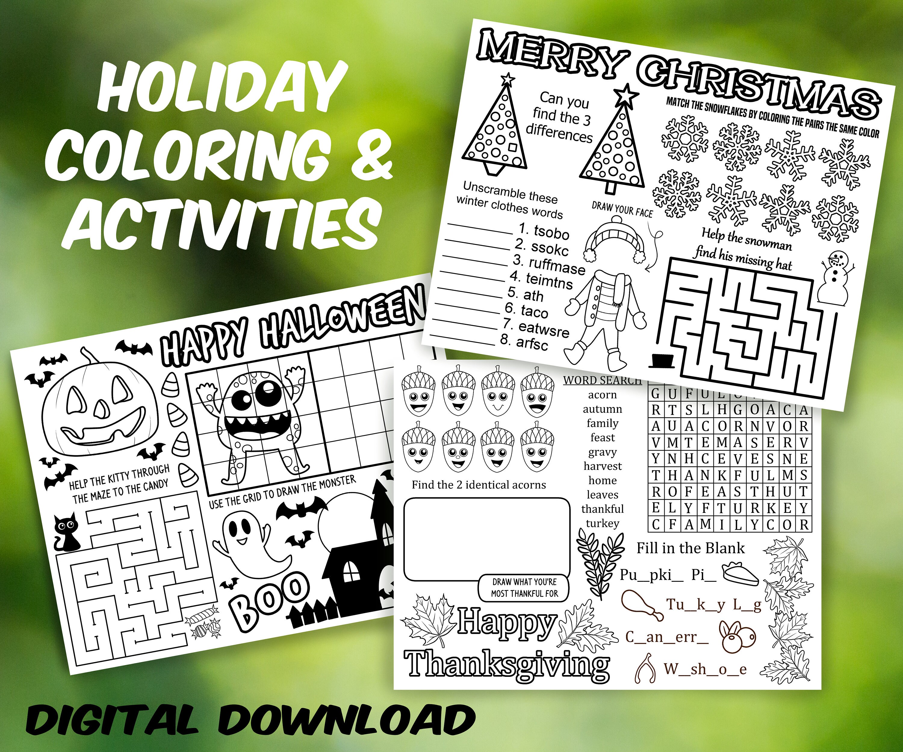 Printable Holiday Coloring and Activity Pages - Etsy