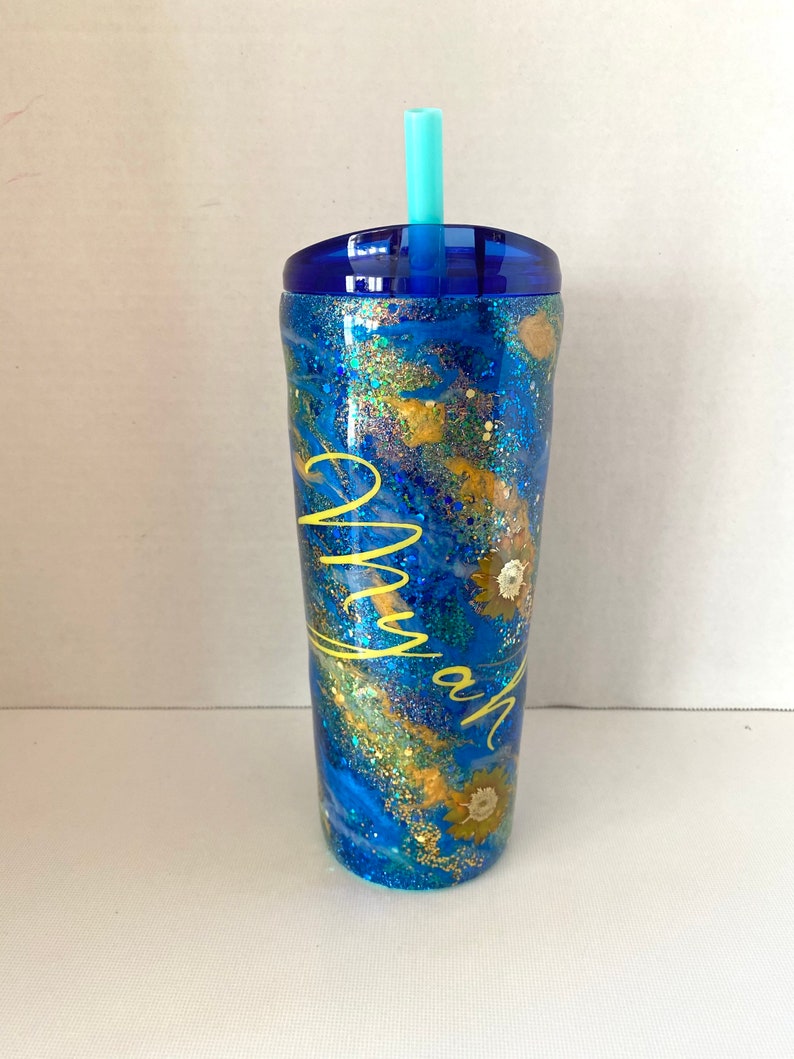 BUBBA CUP Blue Yellow and Gold Sunflower Swirl Glitter | Etsy