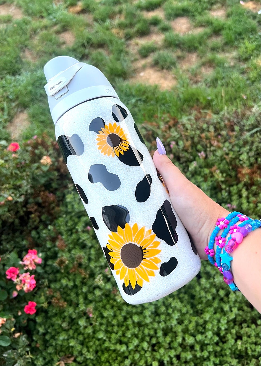 OWALA White Glitter Cow Print and Sunflowers- Custom Personalized ...