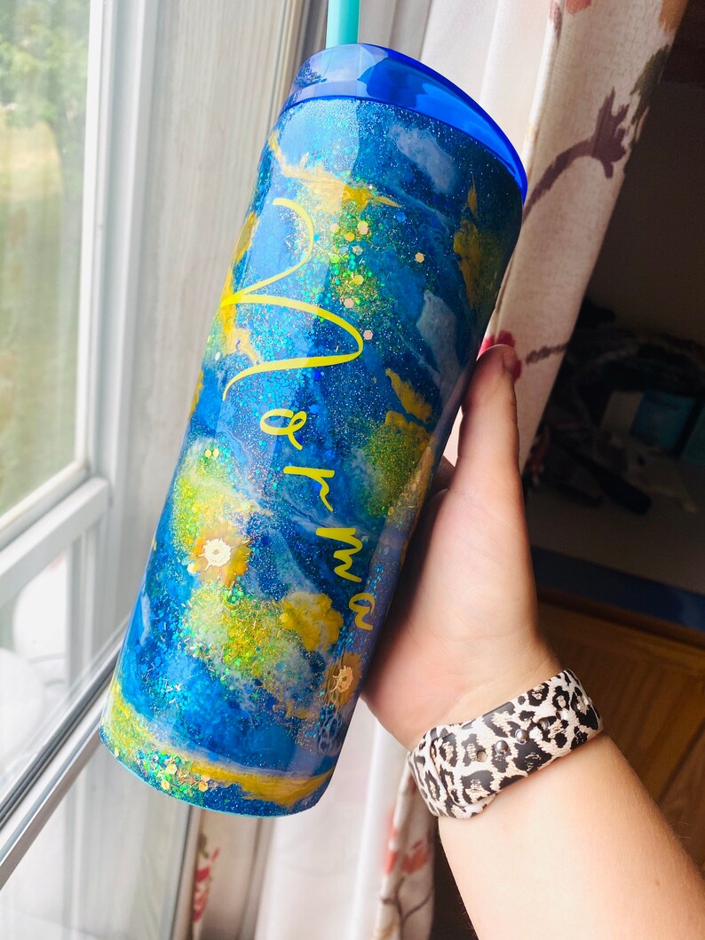 BUBBA CUP Blue Yellow and Gold Sunflower Swirl Glitter | Etsy