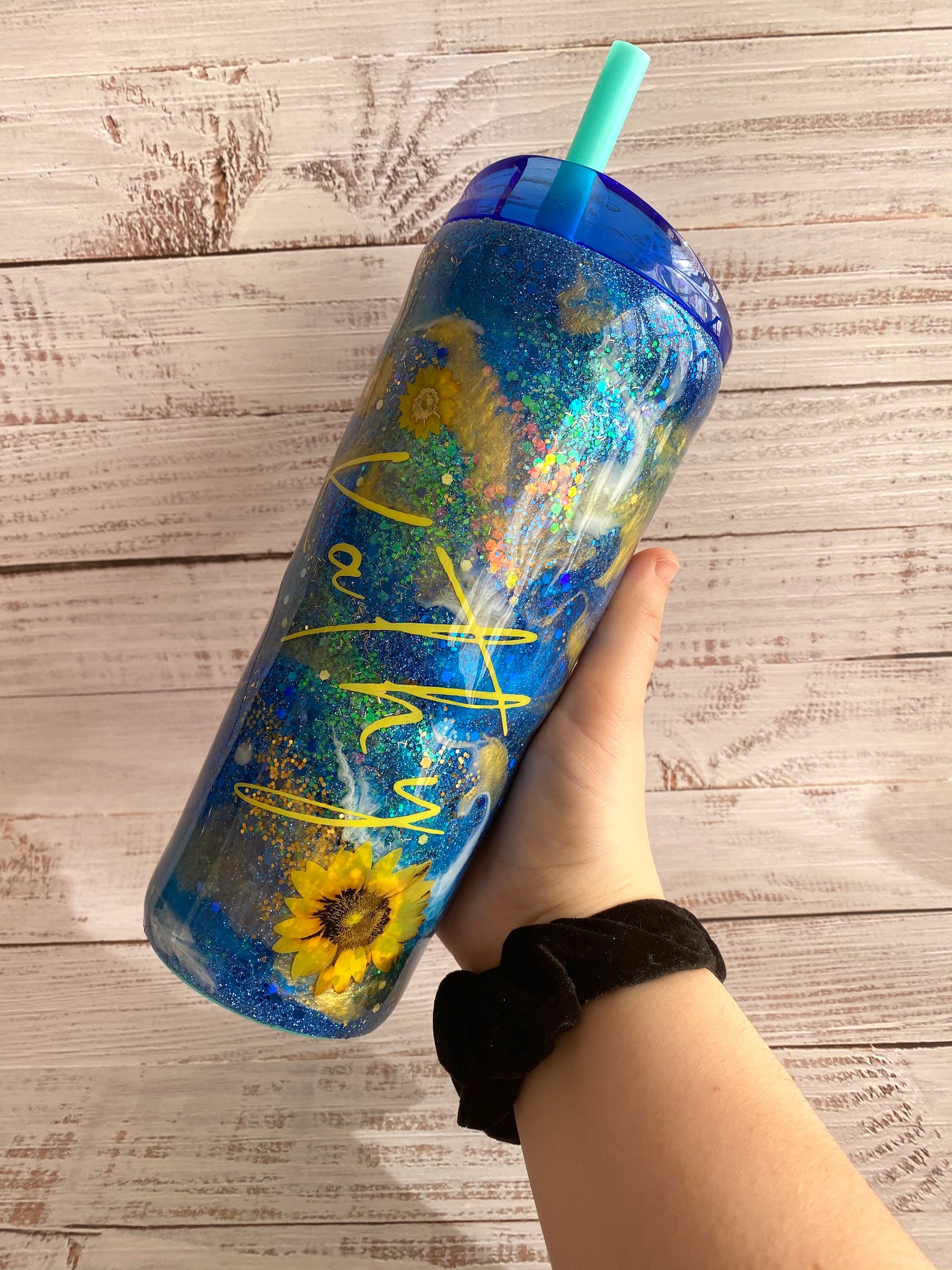 BUBBA CUP Blue Yellow and Gold Sunflower Swirl Glitter | Etsy