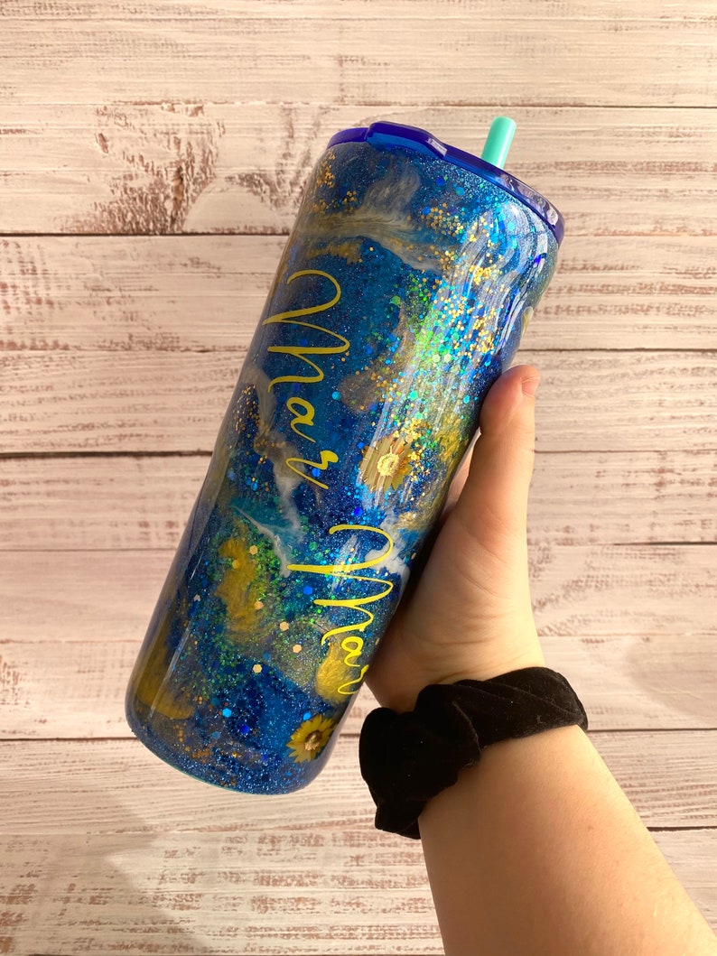 BUBBA CUP Blue Yellow and Gold Sunflower Swirl Glitter | Etsy