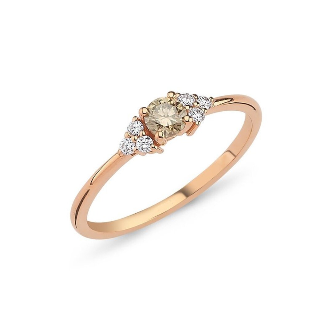 14K Gold Champagne Diamond Cluster Ring, Stackable Engagement Ring - Etsy