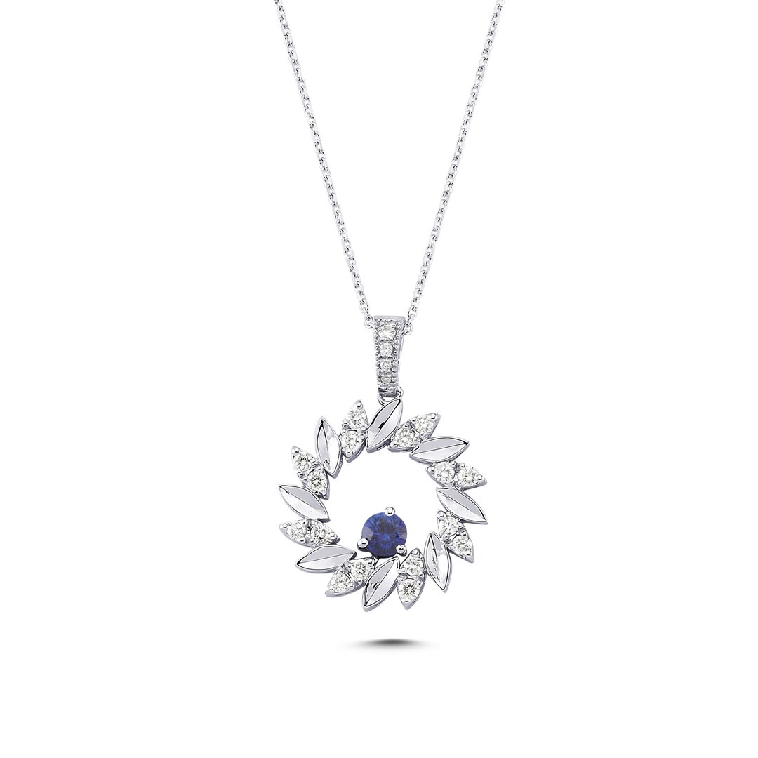 14K Gold Sapphire Diamond Halo Necklace | Genuine Gemstone - Etsy