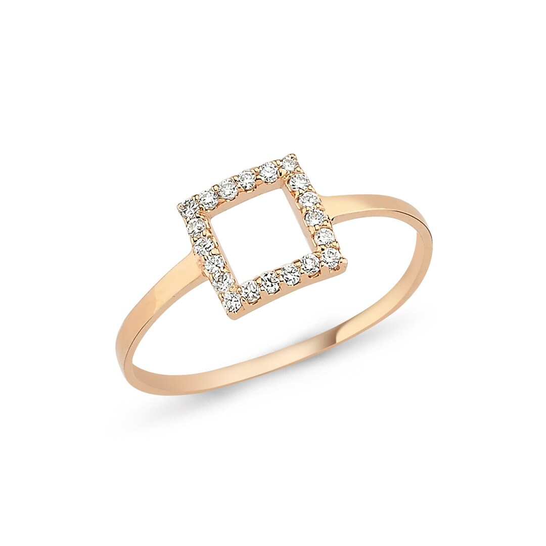 14K Gold Open Square Diamond Ring | Pave Geometric Fashion Ring - Etsy