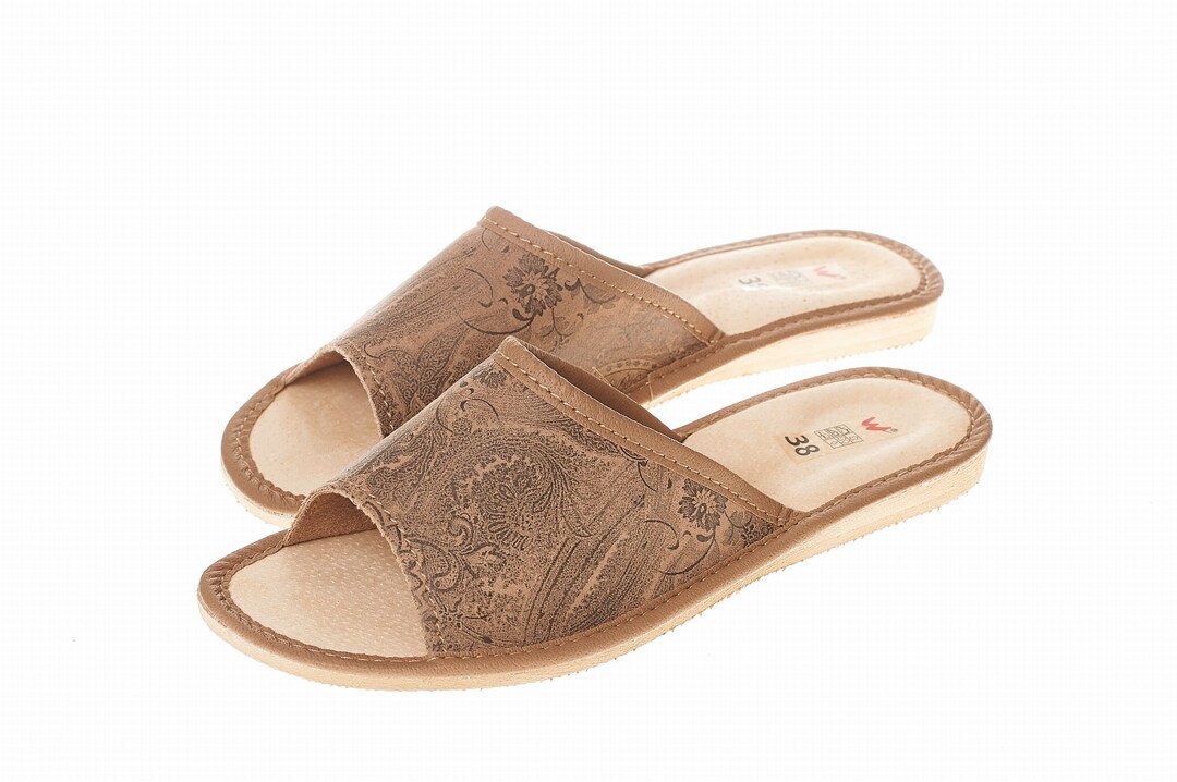 Handmade Leather Slippers: Floral Brown Home Shoes - Etsy