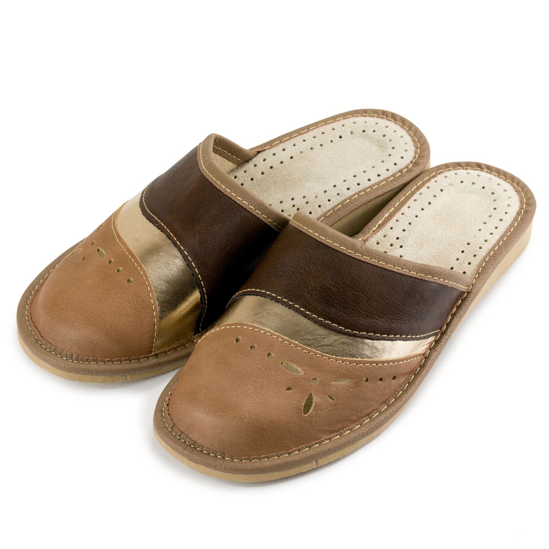 Handmade Leather Slippers: Brown Home Shoes, Hard Non-slip Sole - Etsy