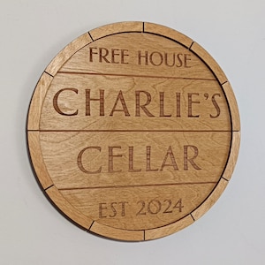 Personalised Wooden Barrel Pub Sign: Custom Family Name Home Bar Decor ...