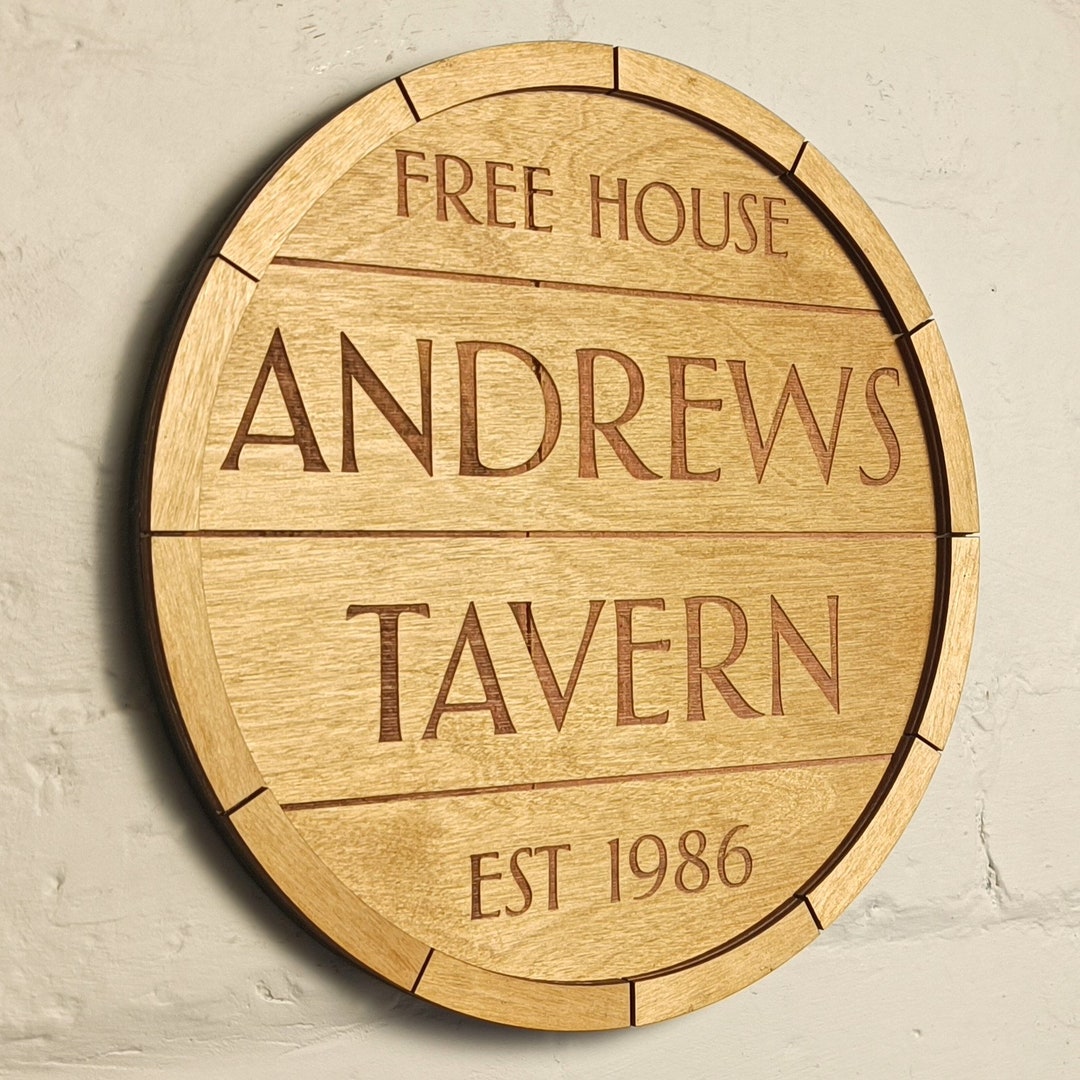 Personalised Wooden Barrel Pub Sign: Custom Family Name Home Bar Decor ...