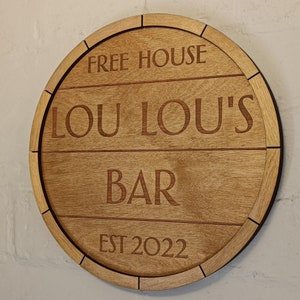 Personalised Wooden Barrel Pub Sign: Custom Family Name Home Bar Decor ...