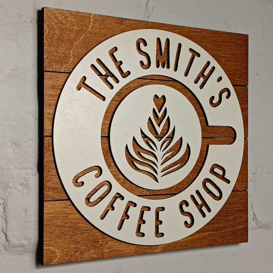 Large Personalised Wooden Coffee Cup Logo Sign / Custom Kitchen Vintage ...