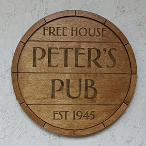 Personalised Wooden Barrel Pub Sign: Custom Family Name Home Bar Decor ...