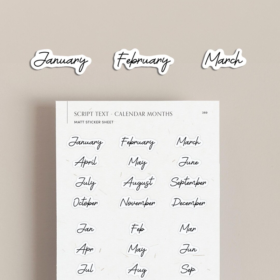 Calendar Months Stickers | Transparent Stickers | Script Lettering ...